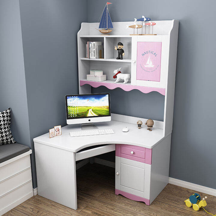Pink Solid Wood Children's Corner Desk with Bookshelf Bookcase ...