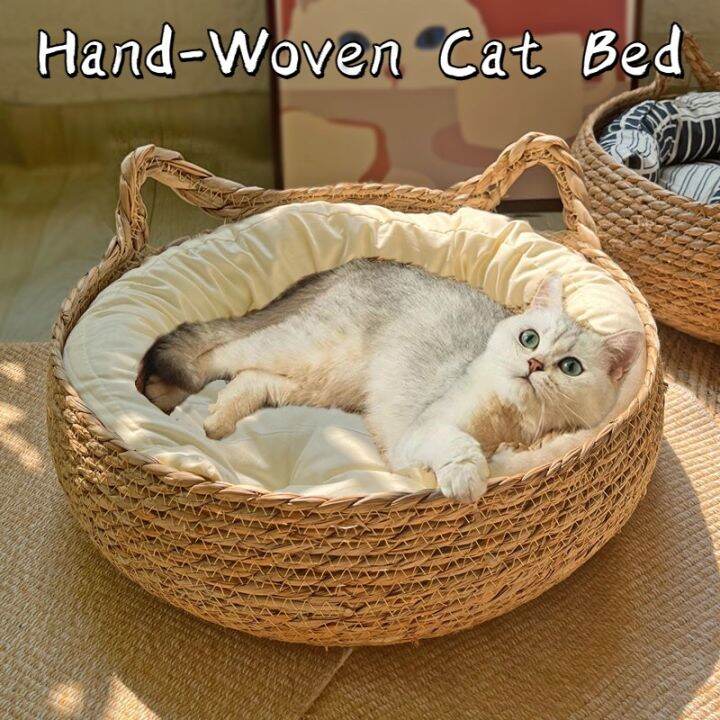 Pure Manual Rattan Woven Cat Bed Pet Nest Removable Washable Sleeping ...