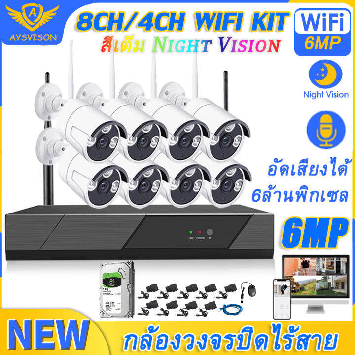 6MP ชุดกล้องวงจรปิดไร้สาย5G KIT 8CH 4CH FULL COLOR CCTV WiFi/Wireless ...