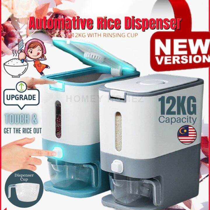 12KG Automatic Rice Dispenser with Rinsing Cup Bekas Beras Viral Smart ...