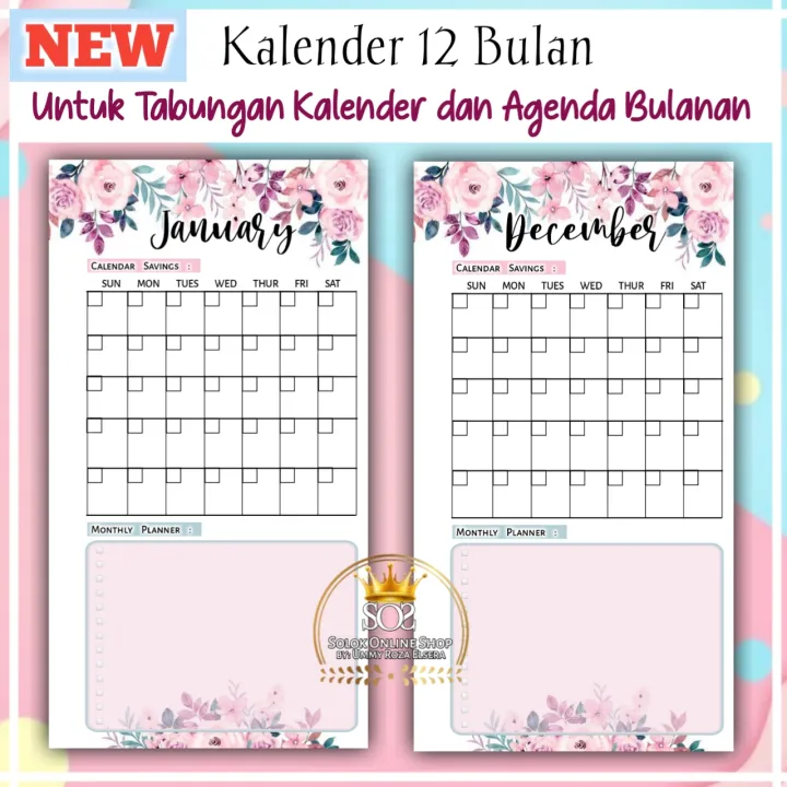 12 Lembar kertas Kalender tabungan & Agenda untuk binder A6-6ring ...
