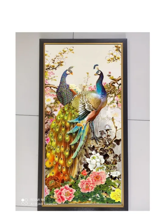 Hiasan dinding cetak gambar lukisan sepasang burung merak plus bingkai ...