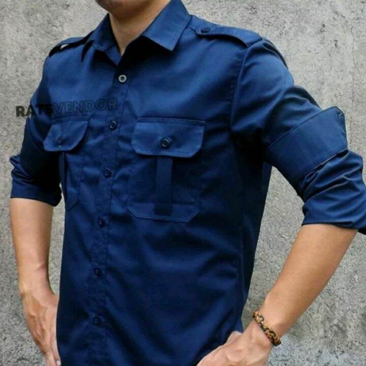 KEMEJA PDL POLOS LENGAN PANJANG BIRU NAVY /CREAM | Lazada Indonesia