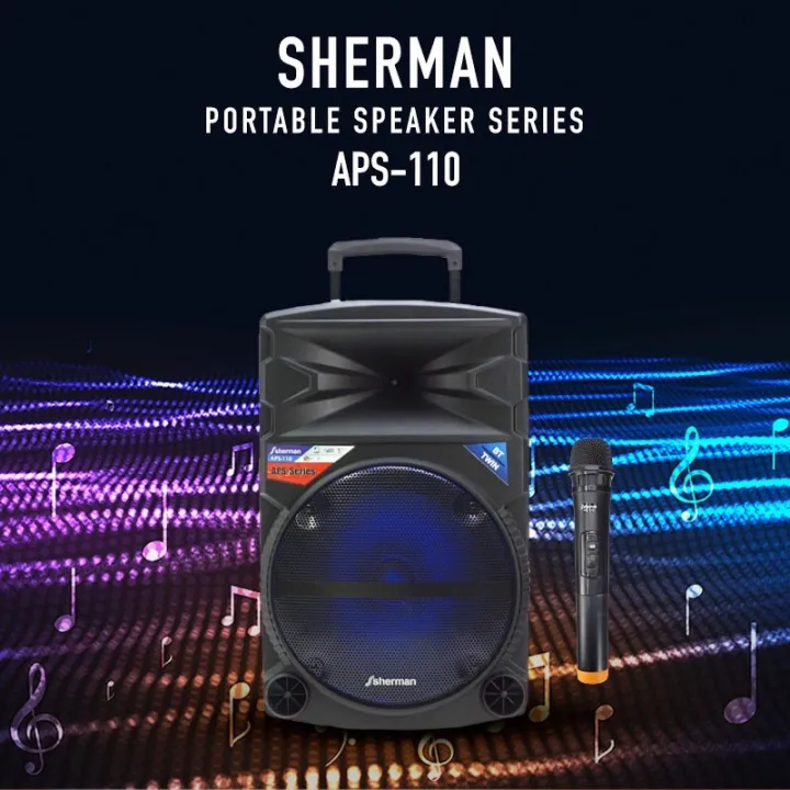 Sherman Speaker APS-110 ลำโพงบลูทูธ แบบล้อลาก ขนาด 12 นิ้ว พร้อมไมค์ไร้สาย ลำโพงเคลื่อนที่แบบลาก ...