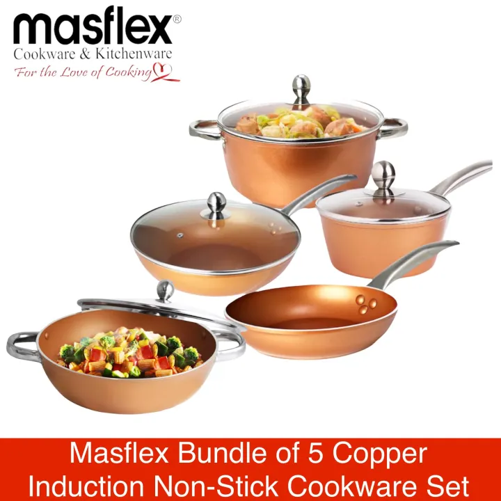 Masflex Bundle of 5 Copper Induction Non Stick Cookware Set - Casserole ...