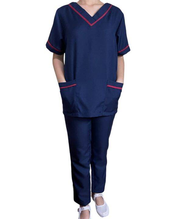 SCRUB SUIT TERNO Ready to wear UNISEX Navy Blue with Red piping V-neck ...