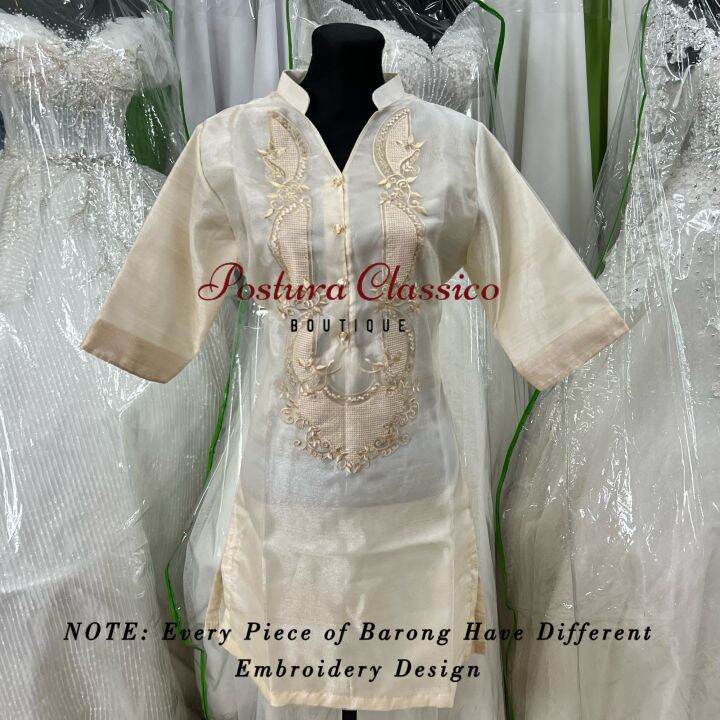Ladies Barong 3/4 Sleeve Marian Dress w/ Beige Embroidery Design Modern ...