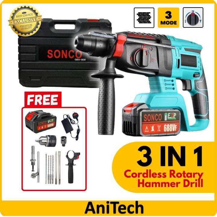 SONCO 688VF 3 in 1 Cordless Professional Rotary Hammer Drill Impact ...