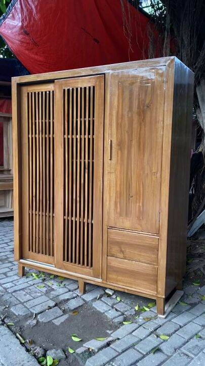 Lemari Pakaian 3 Pintu Sliding Kayu Jati Minimalis Modern LPT311 | Lazada Indonesia