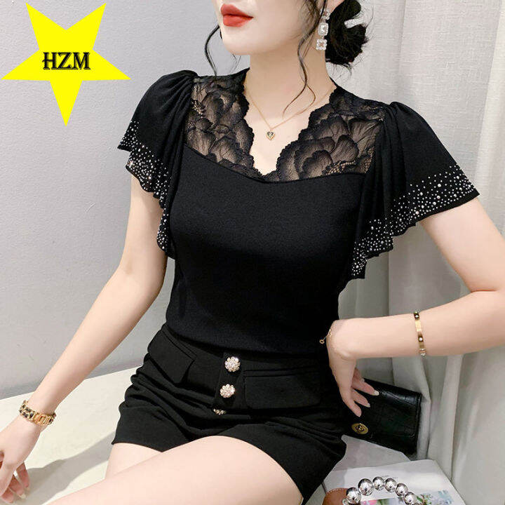 HZM เสื้อท่อนบนลายลูกไม้กลวงเซ็กซี่ในฤดูร้อนเสื้อยืด2023สองชั้นผ้าตาข่ายสองชั้นพร้อมแขนเสื้อขอบ ...