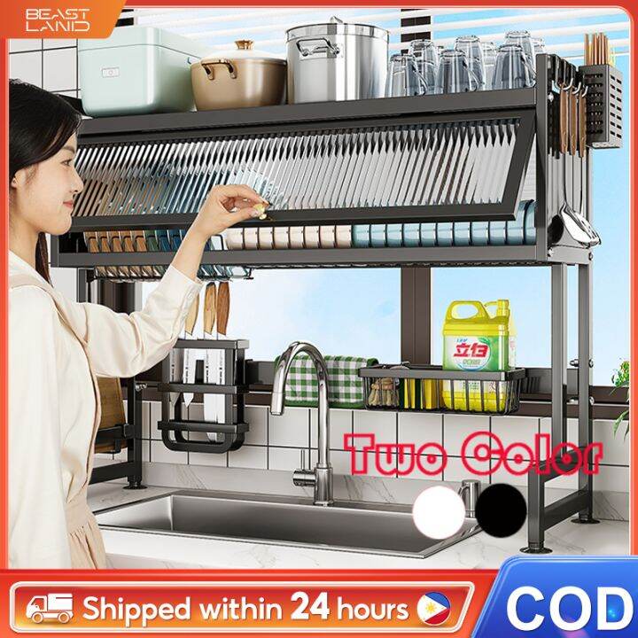 Black White Kitchen Dish Cabinet Rack Over Sink Drainer With Cover