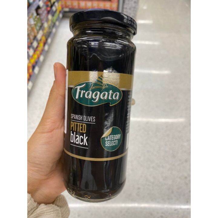 Pitted Spanish Black Olives ( Fragata Brand ) 330 G. มะกอกดำ ไม่มีเมล็ด ในน้ำเกลือ ( ตรา ฟรากาตา ...