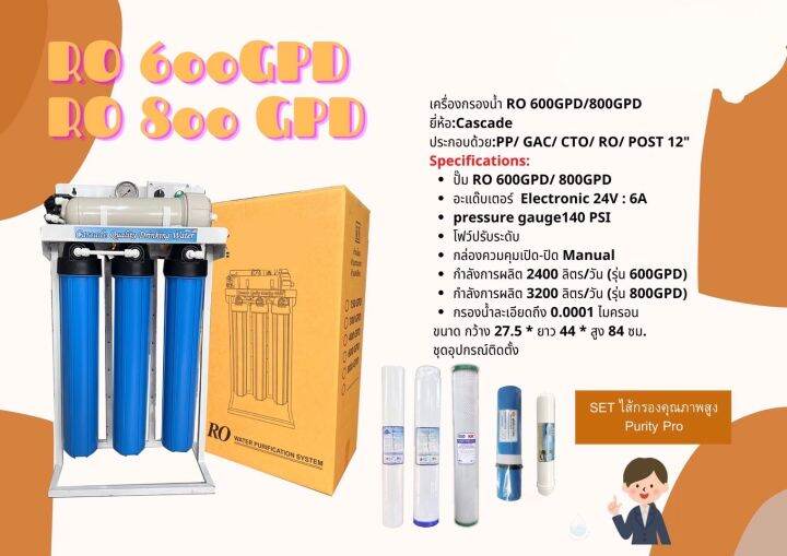 เครื่องผลิตน้ำ RO 800 GPD พร้อมชุดไส้กรองครบชุด ผลิตวันละ 3,200 ลิตร ...