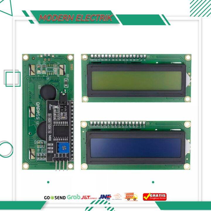 LCD1602 PCF8574T l2C/Interface 16x2 modul Display LCD biru/hijau ...