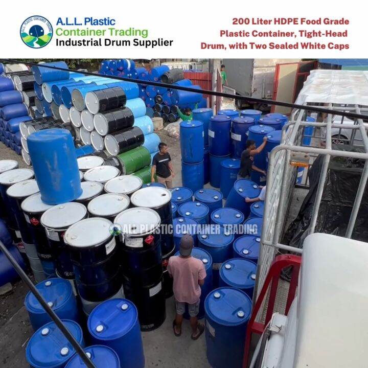 200 Liter HDPE Food Grade Plastic Container, Tight-Head Drum, with Two Sealed White Caps, 55 ...