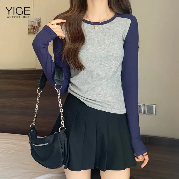 YIGE Collision สีบวกไหล่เสื้อยืดต้นฤดูใบไม้ร่วงใหม่ Slim บางสีทึบ Bottoming เสื้อแขนยาวด้านใน ...