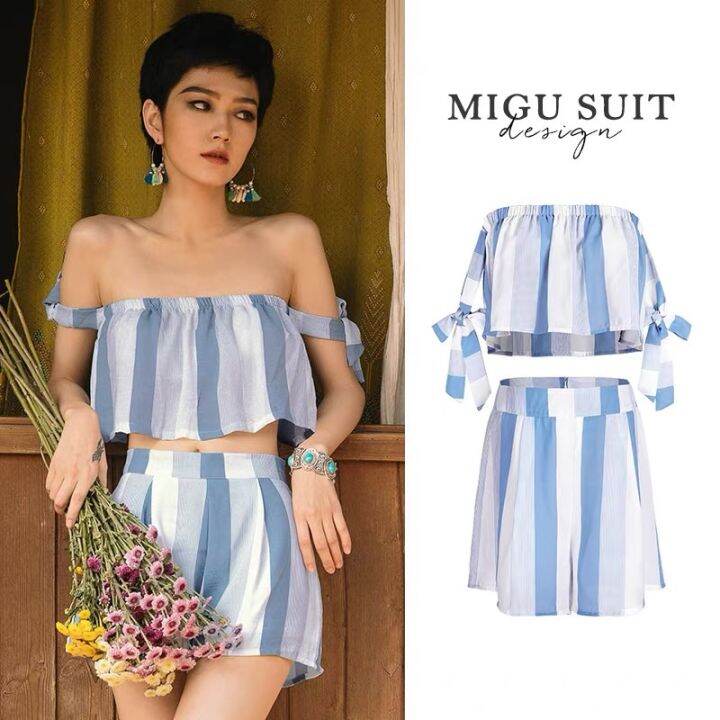 Migu - Blue Butterfly Set เซตเสื้อเกาะอก+กางเกง (มีซับใน) | Lazada.co.th