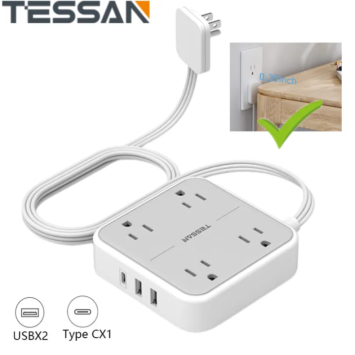Power Strip with USB-C (3.0A), 5 ft Flat Extension Cord,TESSAN Multi ...
