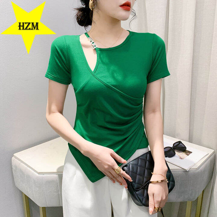 HZM 2023แขนสั้นเข้ารูปฤดูร้อนแฟชั่นสีทึบเสื้อผู้หญิงสไตล์เกาหลีแบบใหม่ของสถานียุโรปด้วยเพชร ...