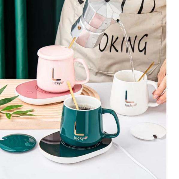 RY - Mug gelas keramik huruf inisial lucky + penghangat listrik / set ...