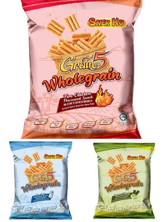 Snek Ku Grain5 Wholegrain Fire Chicken/seaweed wasabi/sea salt Flavoured Snacks (16g x 30 pkts ...