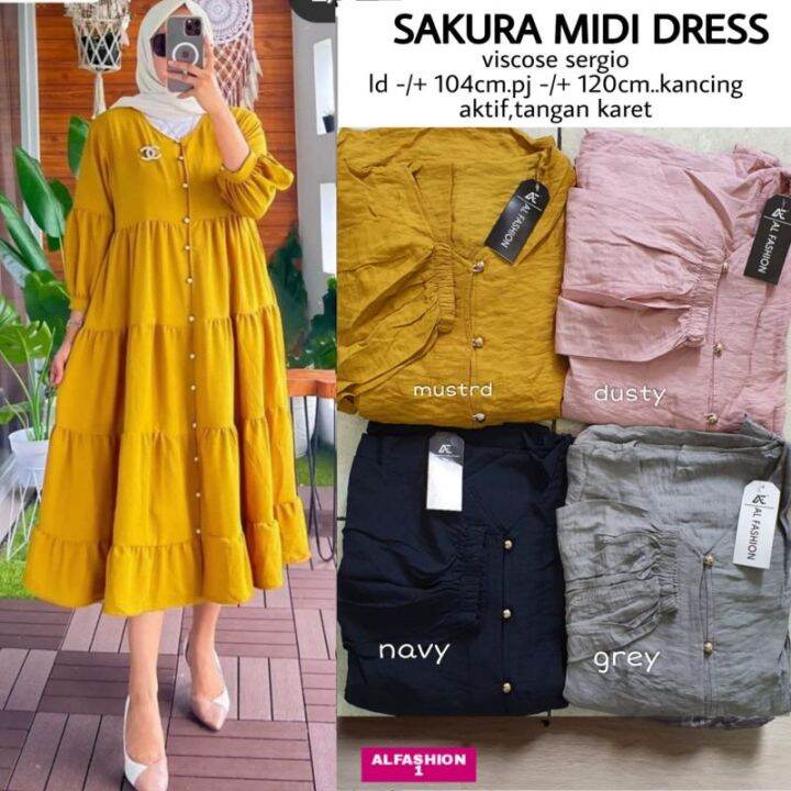 SAKURA MIDI DRESS KOMVINASI KANCING MUTIARA | Lazada Indonesia