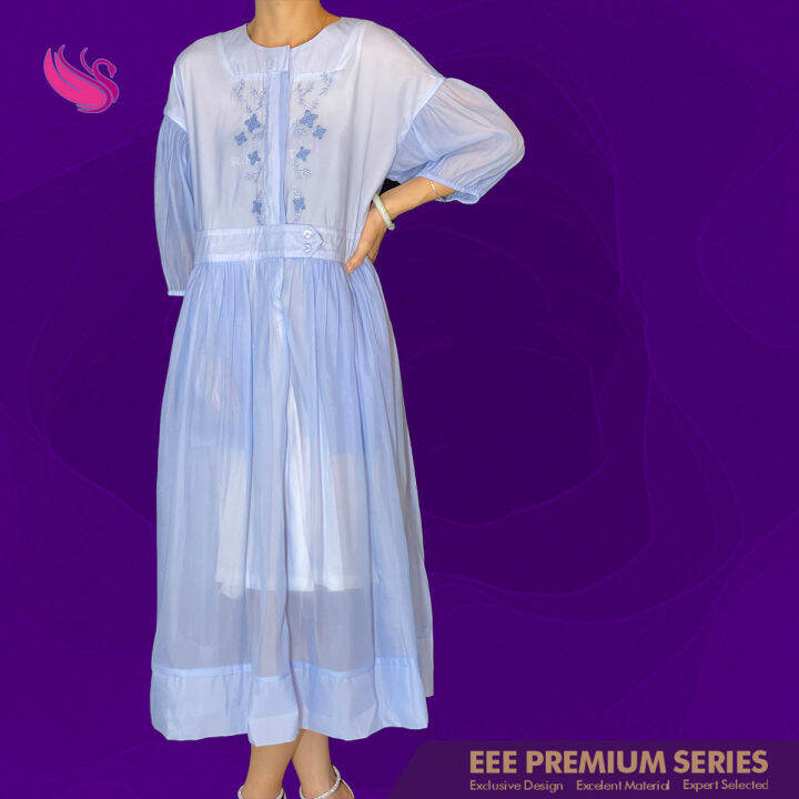 Lanties ชุดเดรสแขนพองสไตล์โบฮีเมียนปักลายดอกไม้สีฟ้าสีทึบเสื้อยืดคอกลม ...