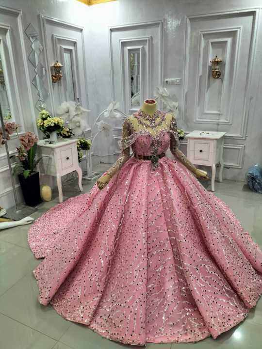 baju gaun pengantin wedding dress warna baby pink merah muda sequin ...