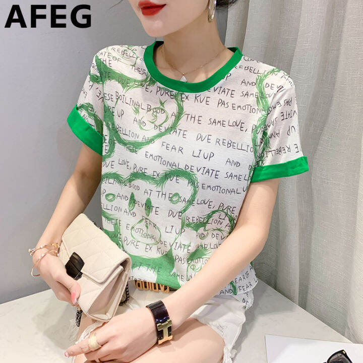 AFEG เสื้อยืดฉบับภาษาเกาหลีแฟชั่นคอกลม,ผู้หญิงแขนสั้น Cetakan Alfabet ...