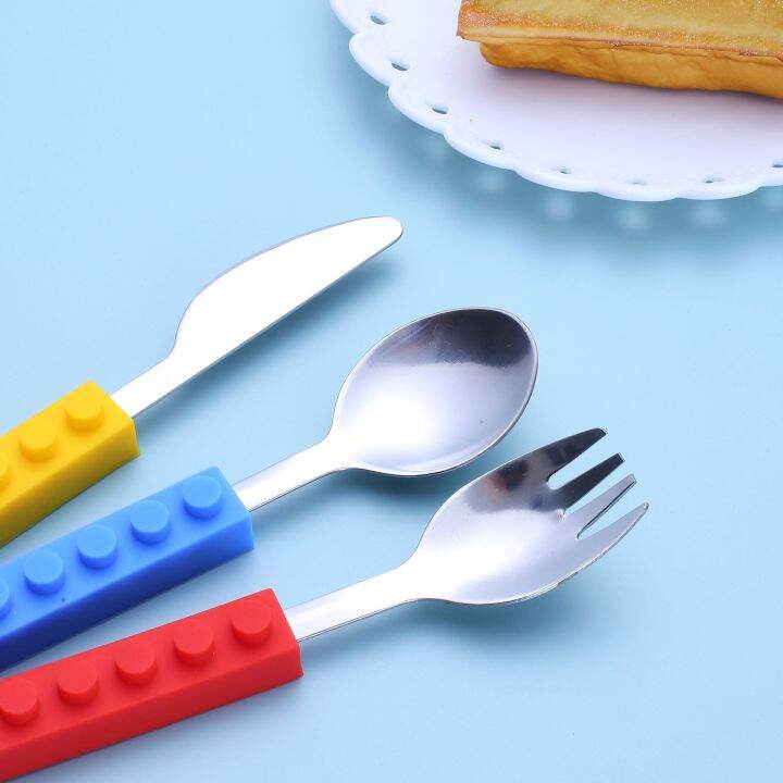 Child’s BUILDING BLOCKS FORK & SPOON Red/Blue MEAL SET Stainless Steel ...