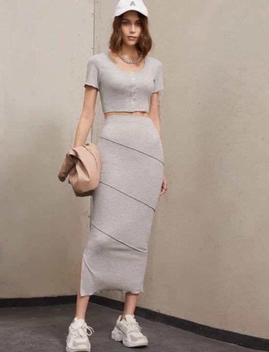 Mulvari Button Front Crop Tee And Slit Skirt Set Lazada Ph