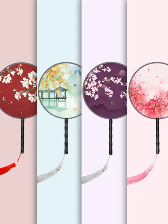 Round Silk Fan Ancient Style Long Handle Tassel Fan Female Summer ...