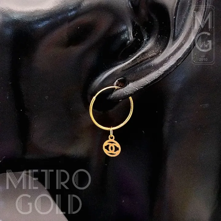 18K Saudi Gold 16mm Loop Earrings with Double CC Charm | Lazada PH