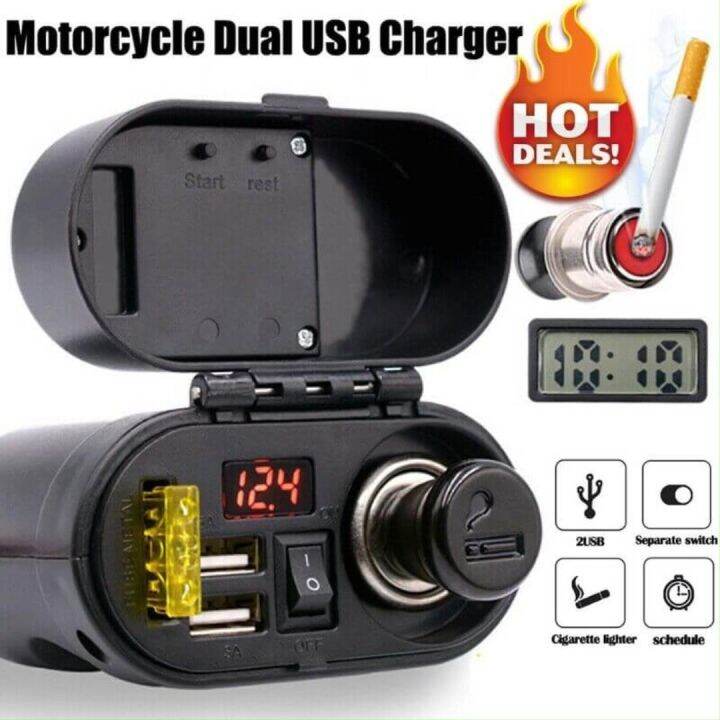 Pinph Motorcycle USB Charger Dual USB Port With Voltmeter Time Display ...