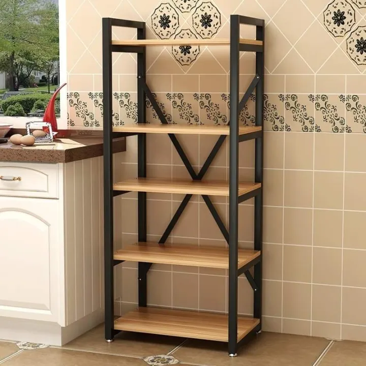 5 Layer Kitchen Storage Shelf Wood And Steel Storage Rack Black Color ...