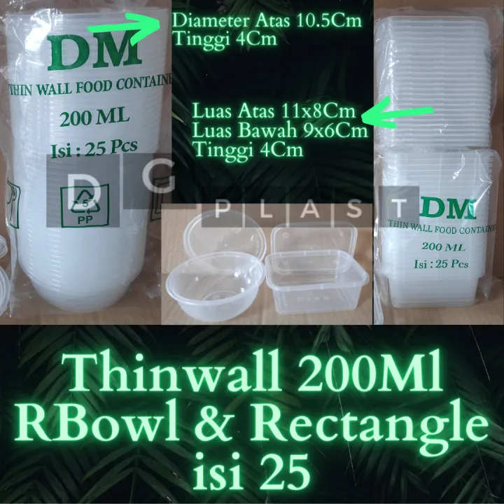 Thinwall Plastik Dm 200ml Rectangle Roundbowl Isi 25 Pcs Kotak Makan