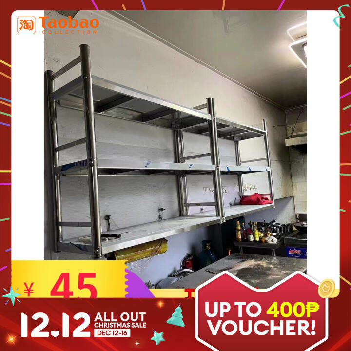 Kitchen Rack Stainless Steel Wall-Mounted with Fence 2 Three-Layer Wall ...