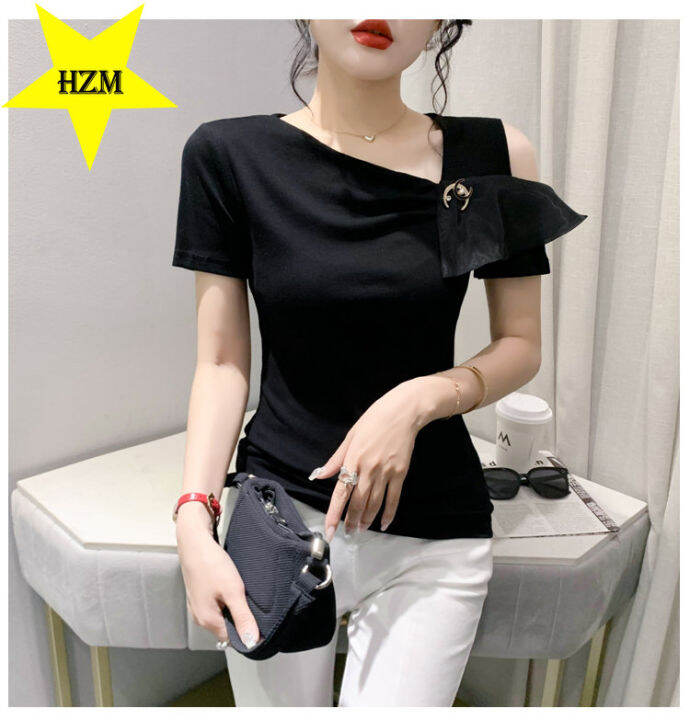 HZM เสื้อยืดเปิดไหล่สำหรับผู้หญิง,เสื้อเปิดไหล่สไตล์ตะวันตกดีไซน์ใหม่สำหรับฤดูร้อนของ2023 ...