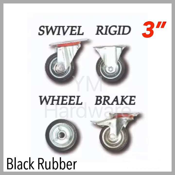 HEAVY DUTY BLACK RUBBER Caster Wheel 3" (75MM) SWIVEL/RIGID/BRAKE ...
