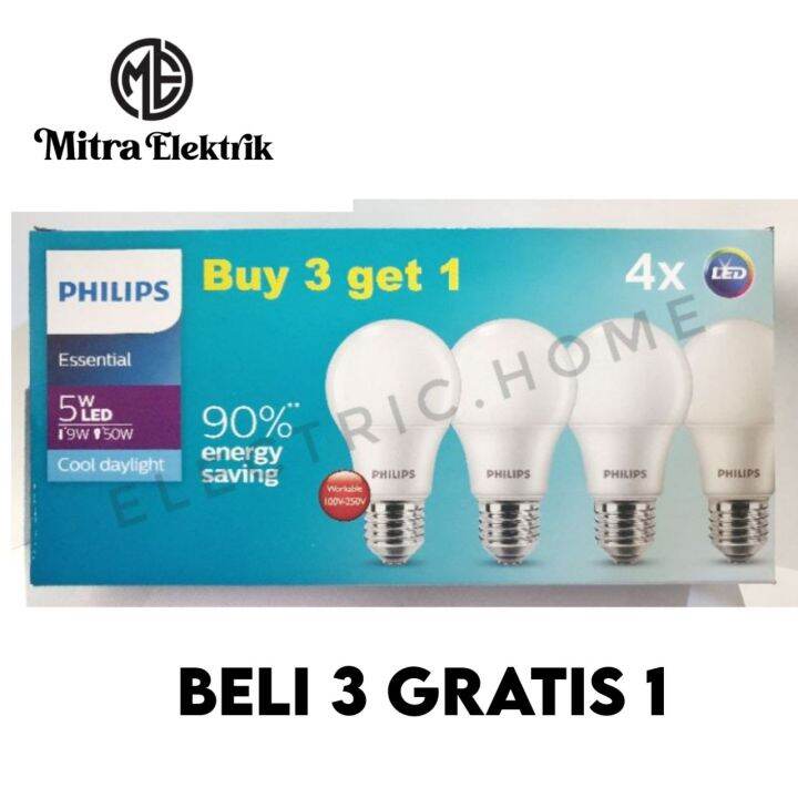 Paket Lampu Philips 5w Beli 3 gratis 1 Multipack LED Essential 5 watt ...