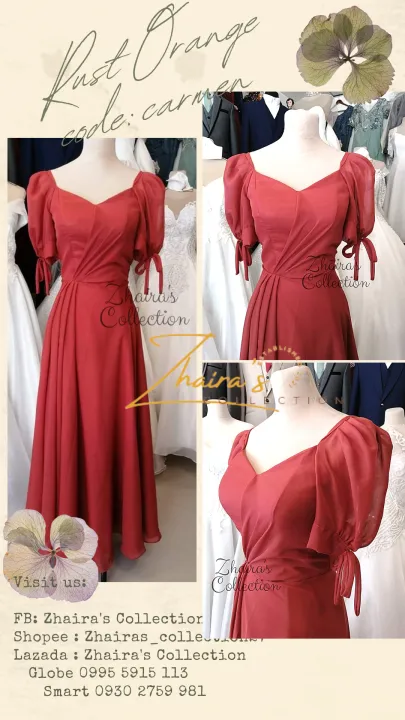 ZHAIRA's COLLECTION Puff Sleeve Rust Orange Long Gown Bridesmaid •Maid ...