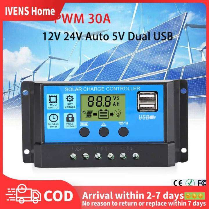 COD】24hours delivery 30A PWM Solar Charge Controller 12V 24V Solar ...