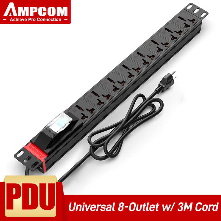 AMPCOM 19 inches PDU Overload Short Air Circuit Breaker Surge Protection Universal 6 outlets 16A ...