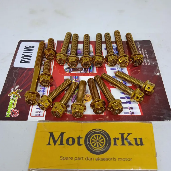 BAUT SET PROBOLT BLOK MESIN RX KING FULL GOLD STAINLESS CNC FLOWER BAUT BAK MESIN KIRI KANAN ...