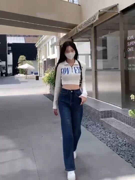 #CYGY#👖กางเกงยีนส์ สไตล์เกาหลี ทรงขากระบอกขาไม่บาน สียีนส์อ่อน/ยีนส์ ...