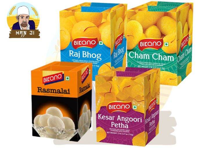 ขนมหวานอินเดียพร้อมทาน Bikano ราสมาลัย Rasmalai Raj Bhog Cham Cham ...