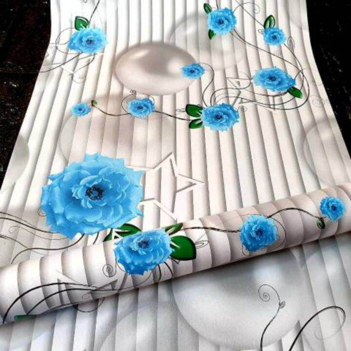 Wallpaper Dinding Polkadot Garis Bunga Mawar Biru Cantik Sticker ...