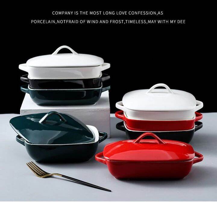 Microwave oven safe ceramic baking plate with cover porcelain family ...