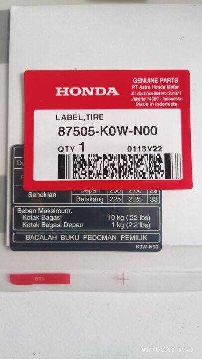 stiker label tekanan ban adv original honda | Lazada Indonesia
