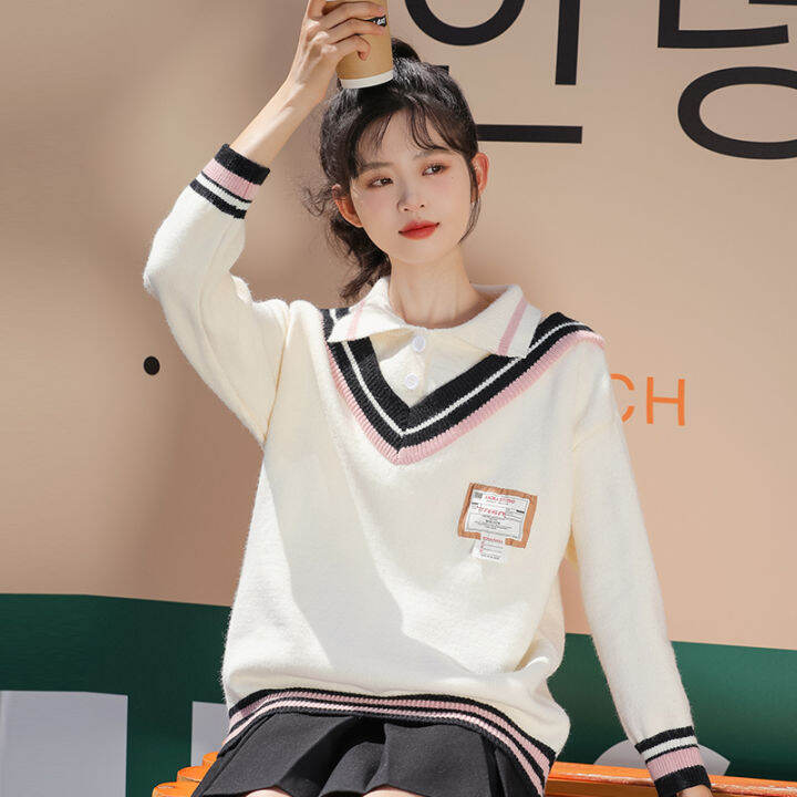 Piperka Qi เสื้อไหมพรมสวมหัวคอปกโปโลสไตล์เพรพพี้แบบใหม่ฤดูใบไม้ร่วงและ ...